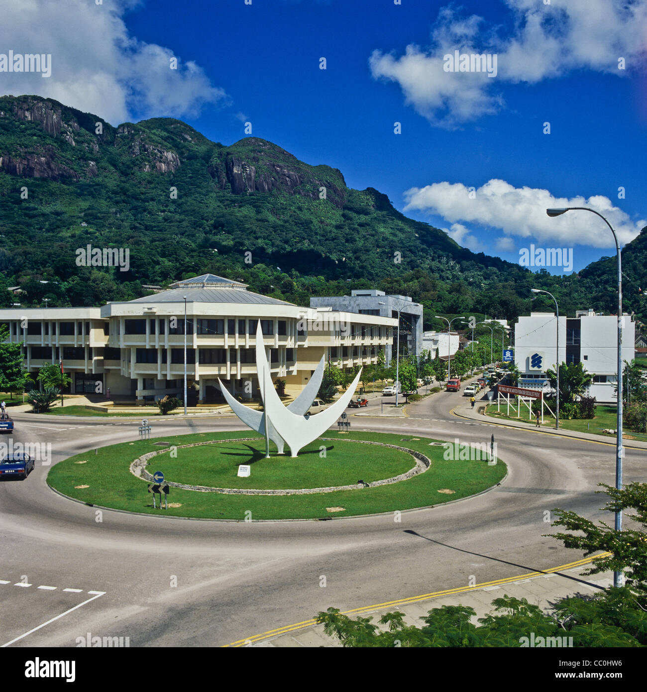 Roundabout with Bicentennial monument, Victoria, Mahé island ...