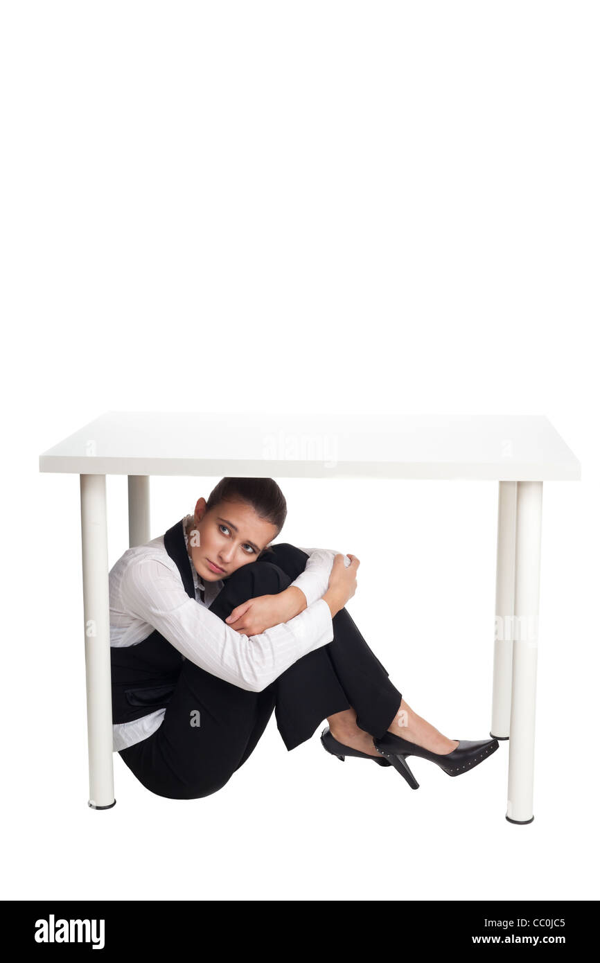 Sad office woman sit and hide under the table and crying Stock Photo ...