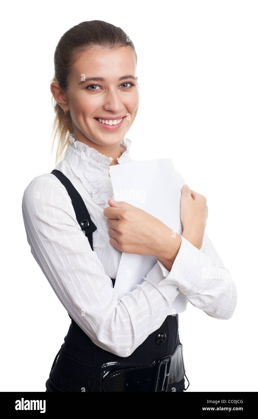 Happy office woman smiling and holding documents Stock Photo - Alamy