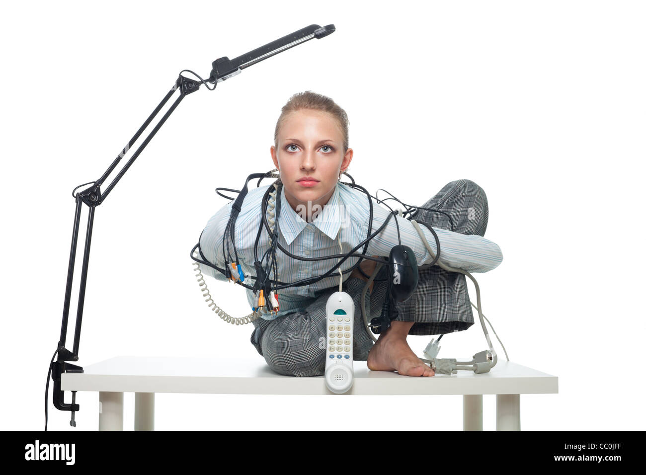Constrained office young woman worker willing to overcome problems ...