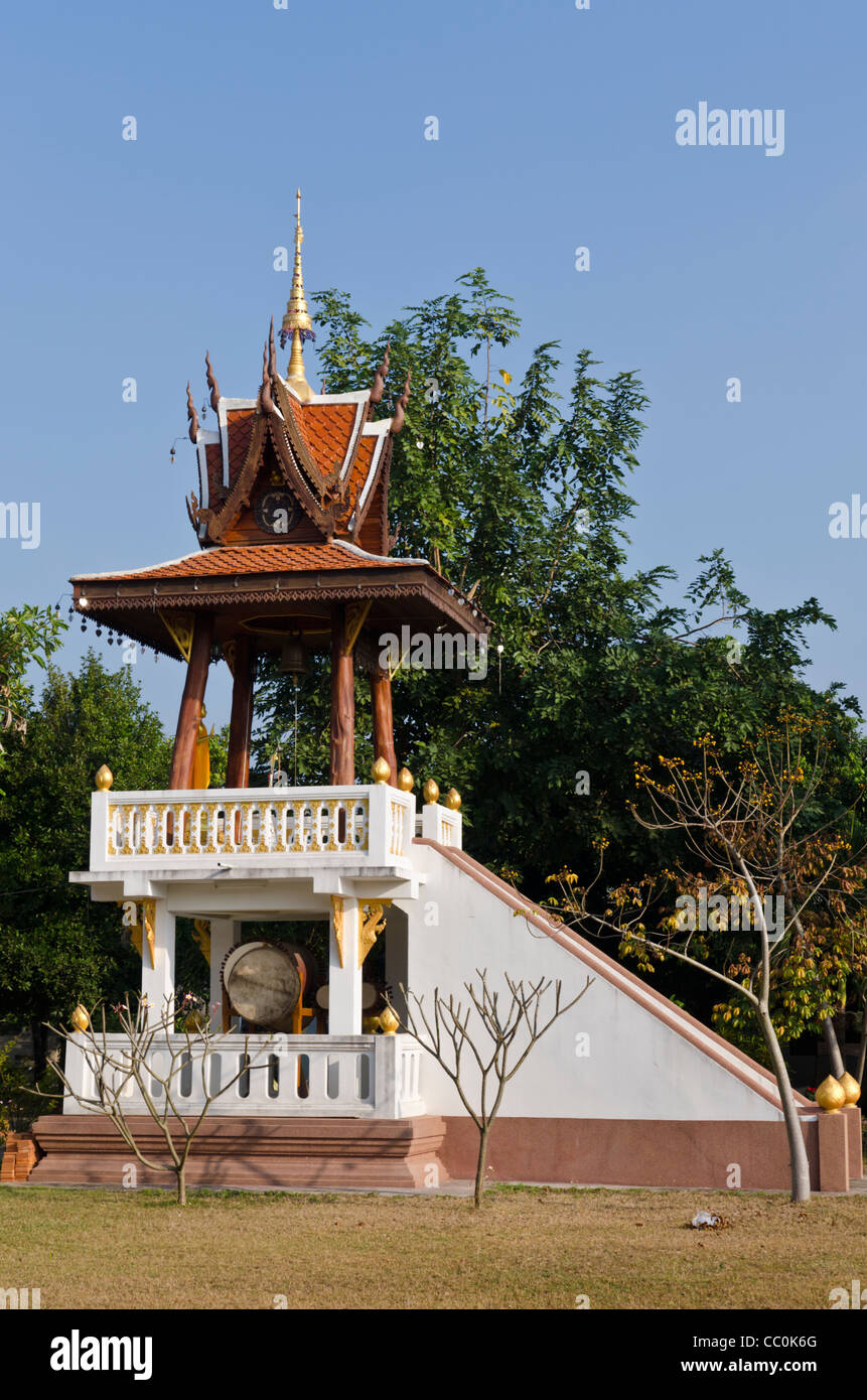 Bell tower with drum at base at Buddhist temple in northern Thailand ...