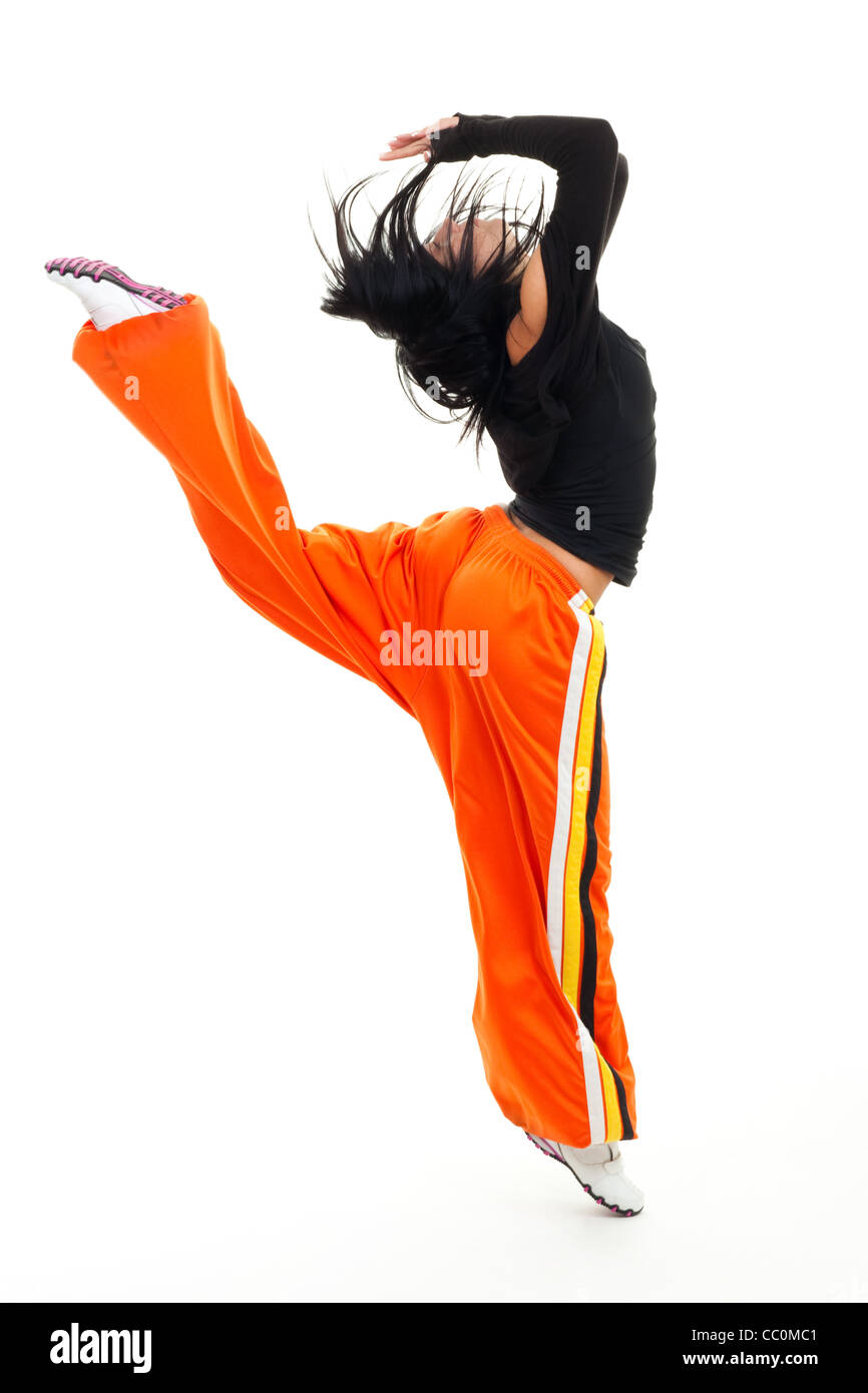 Happy woman jumping and looking up, isolated on white Stock Photo - Alamy
