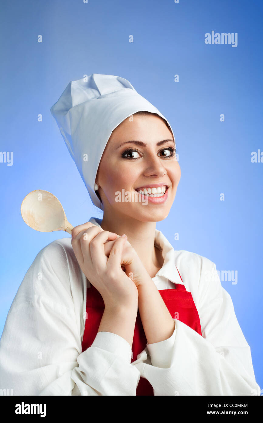 Happy medieval chef with wood spoon smile Stock Photo - Alamy