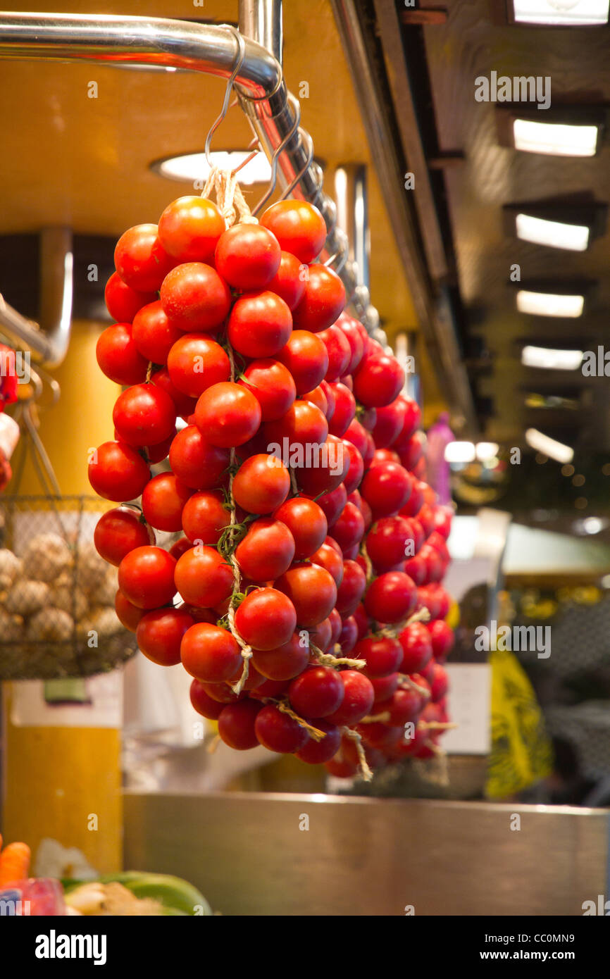 Tomatoes displayed for sale in stall at La Boqueria market Barcelona ...