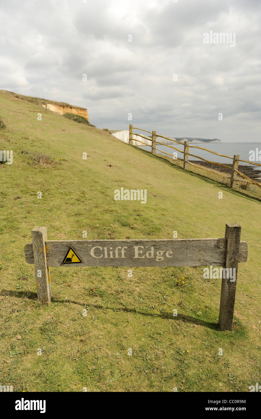 Cliff Edge warning sign at Seaford Head Nature Reserve, Sussex, England ...