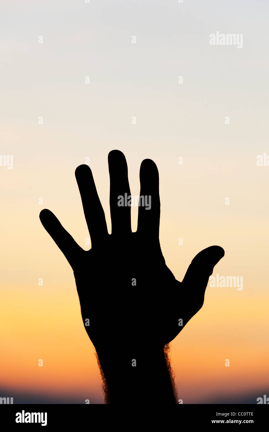 Silhouette hand against sunrise background Stock Photo - Alamy
