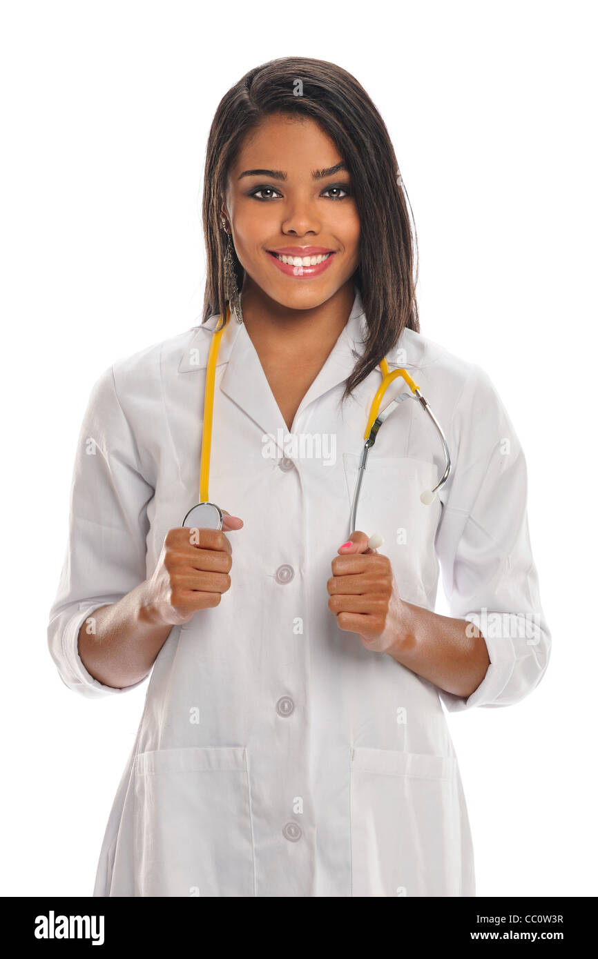 Portrait of female African American health care provider smiling ...