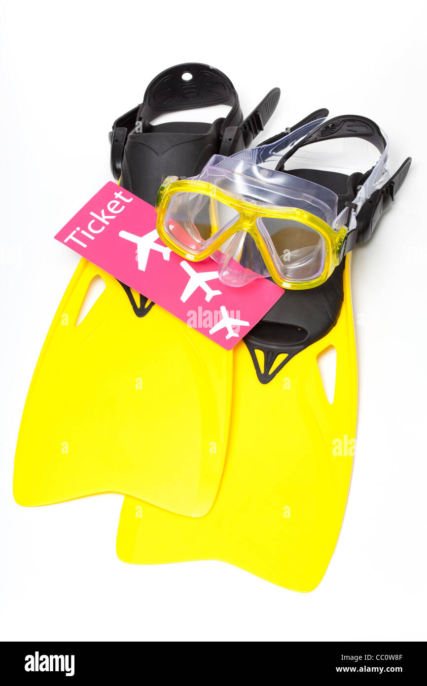 Summer vacation set with ticket, flippers, and scuba diving mask Stock ...