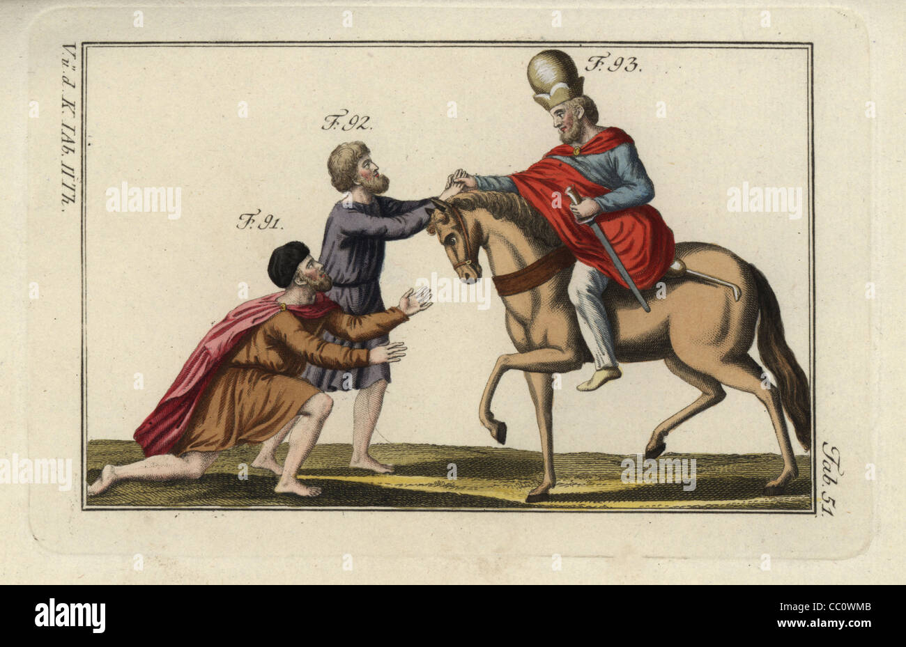 Persian King Darius II (Artaxerxes Ochus) on horseback greeting ...