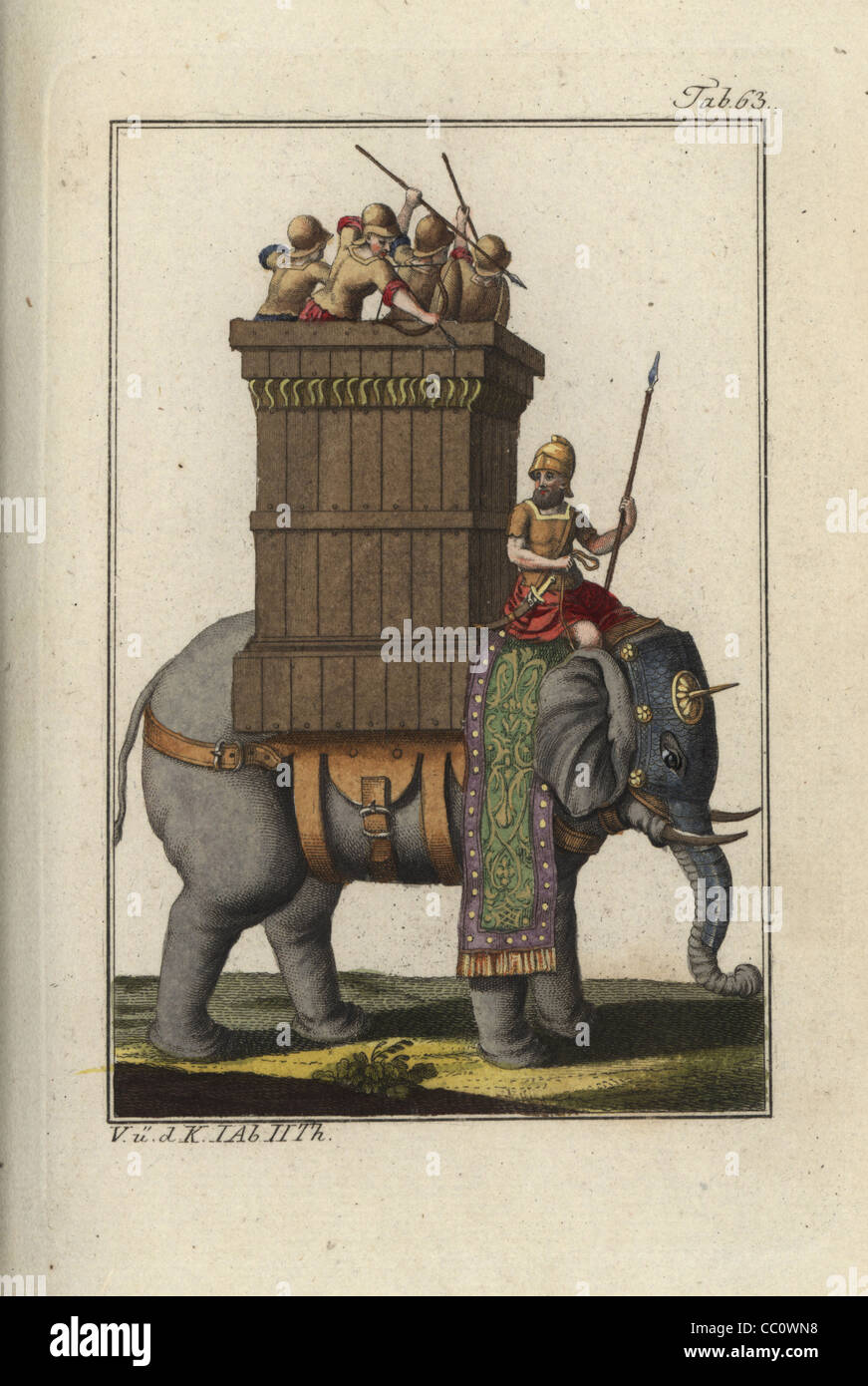 Indian war elephant with soldiers and archers in a tower palanquin ...