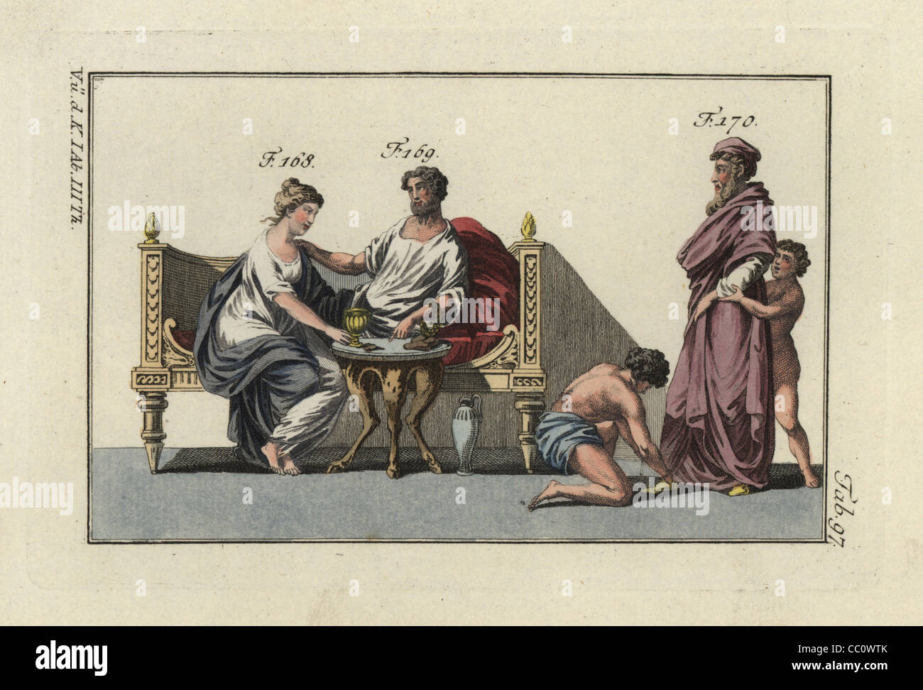 Roman married couple seated on a sofa in front of a three-legged table ...