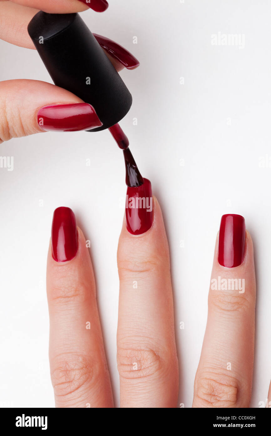 Painting female fingernails with red enamel close-up on white ...