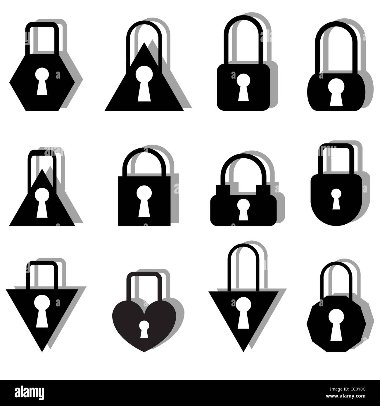 A set of metal locks of different shapes on a white background Stock ...