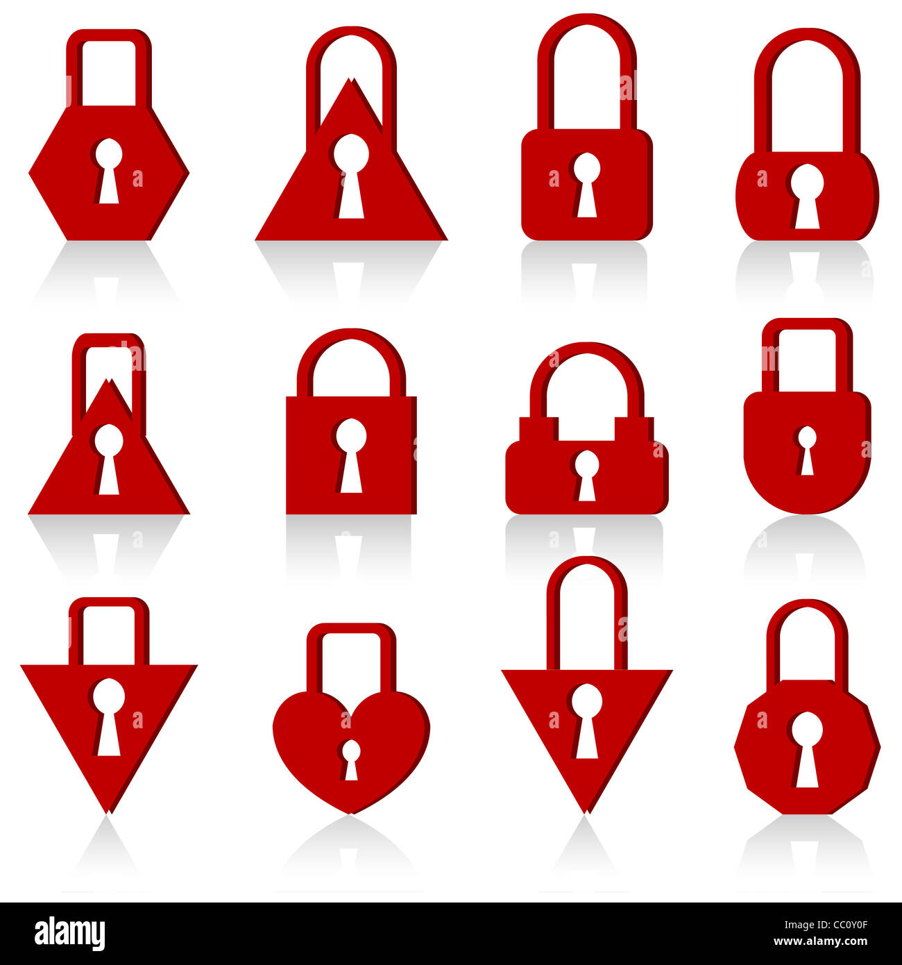 A set of metal locks of different shapes on a white background Stock ...