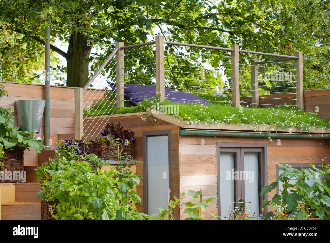Raised sitting area above the garden shed Stock Photo - Alamy