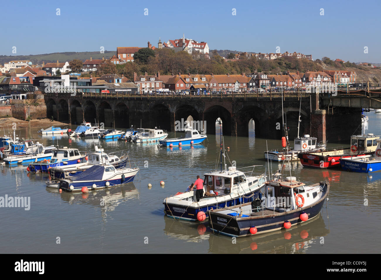 The boats in Folkestone harbour in Kent, south eastern England, UK ...