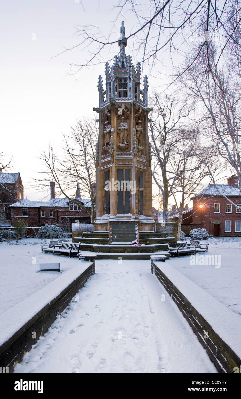 Snow covered octagonal Boer war memorial situated in Duncombe Place, in ...