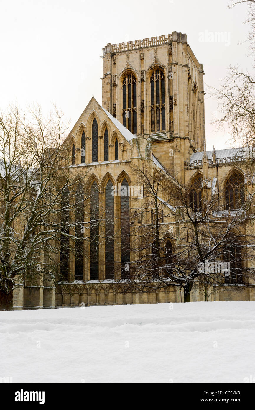 North façade of York Minster, in the snow, including the Five sisters ...