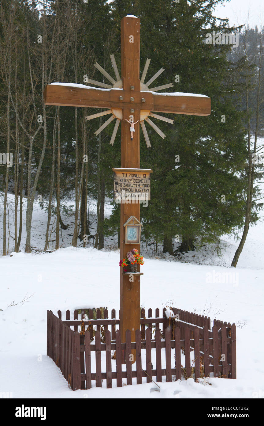 POLAND WOODEN CROSS IN THE SNOW ON THE TATRY MOUNTAINS NEAR ZAKOPANE ...