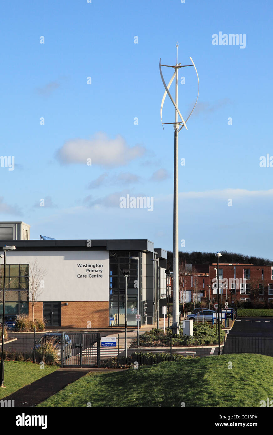 Washington Primary Care Centre with vertical axis wind turbine, north ...