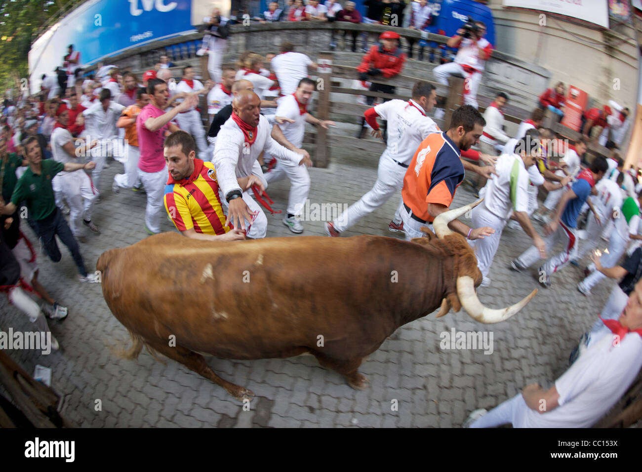 Crowds running with bulls during the annual festival of San Fermin (aka ...