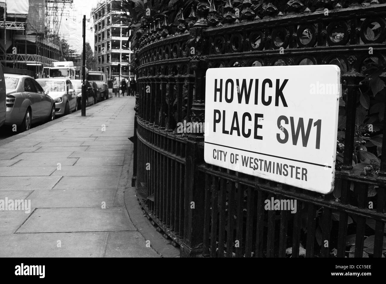 Black and white image of the street name sign of Howick Place ...