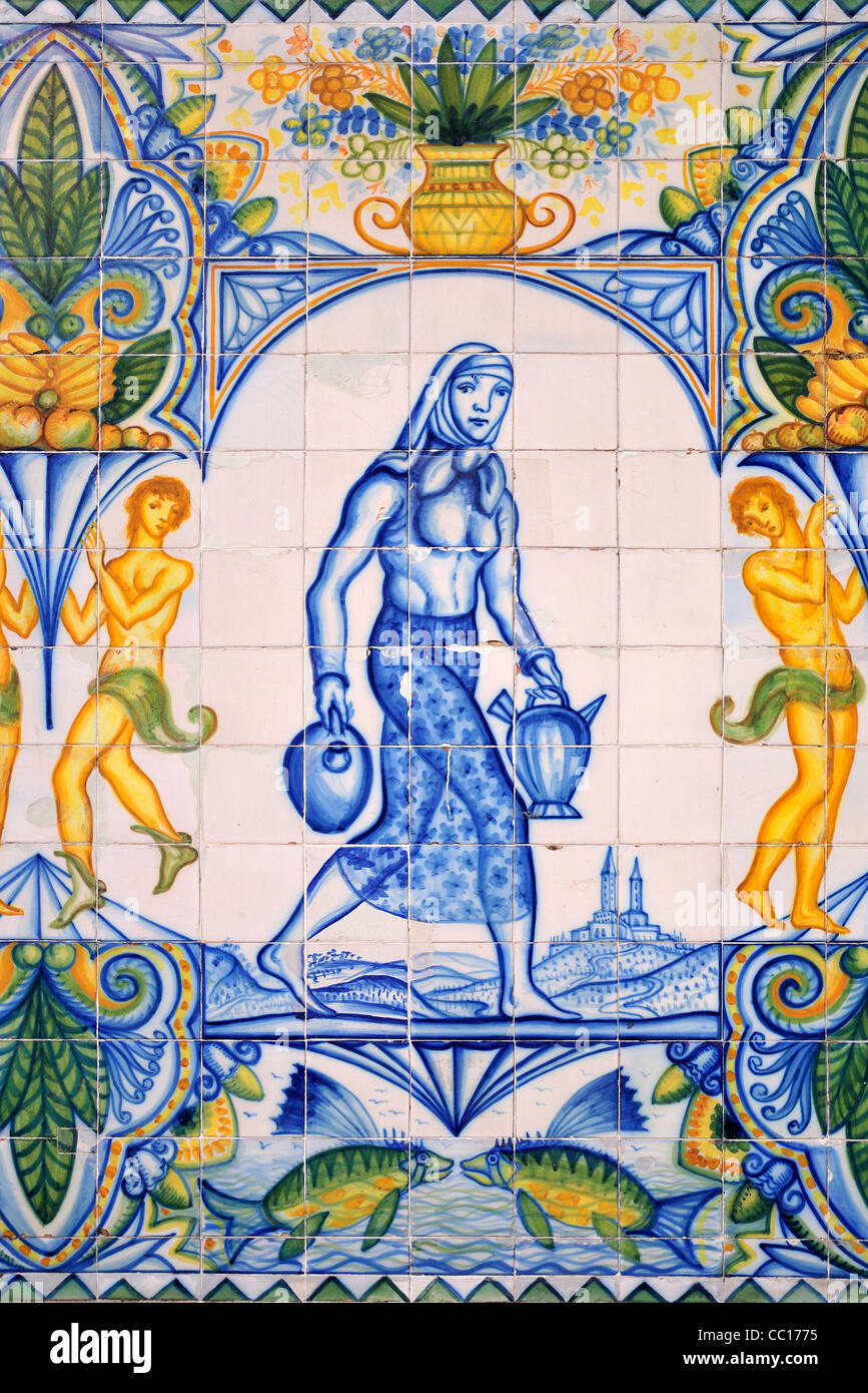 Barcelona, Spain. Tile designs on drinking fountain in Carrer del ...