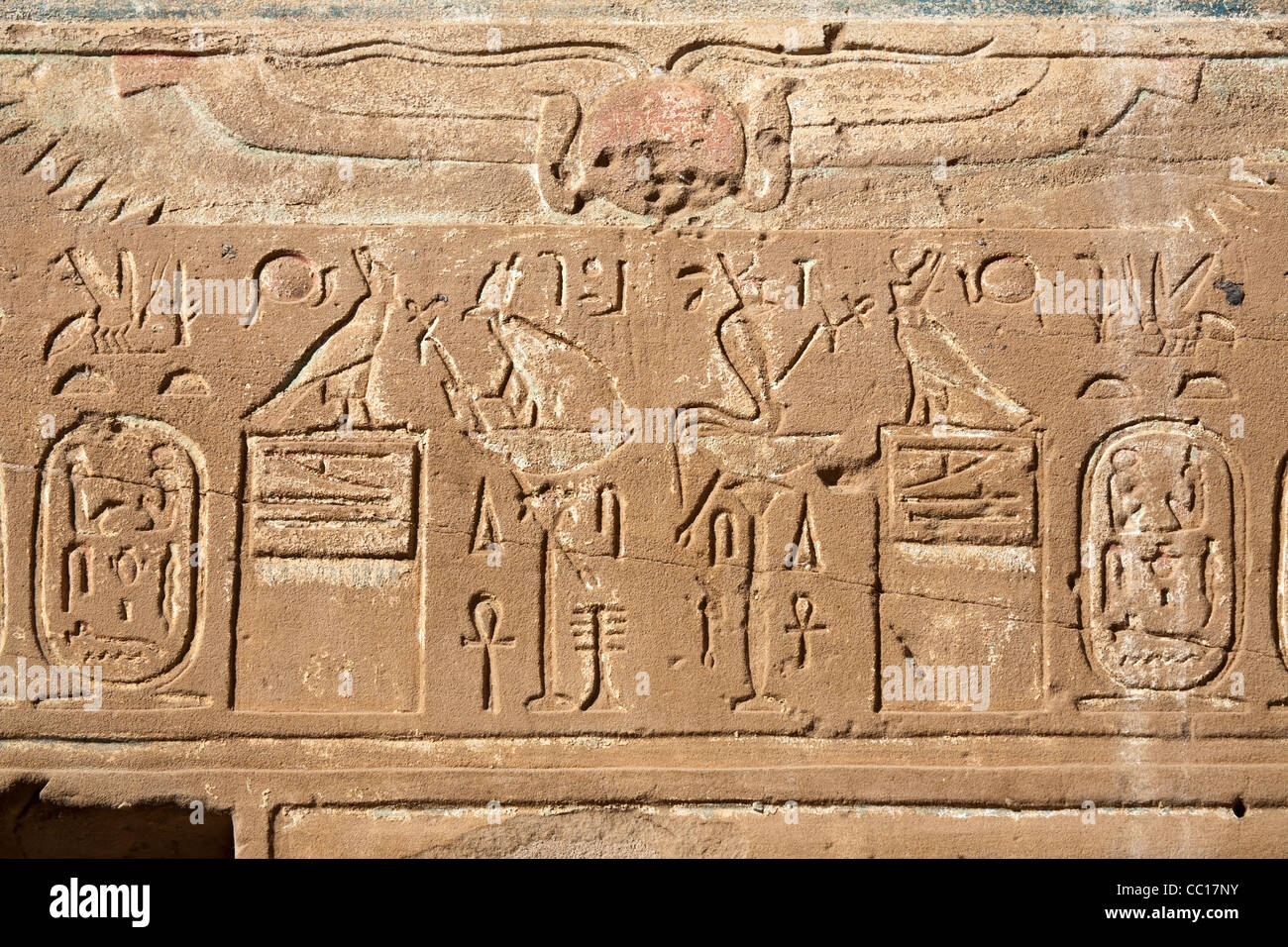 Close up of reliefs at the Hibis Temple, the ancient capital of Kharga ...