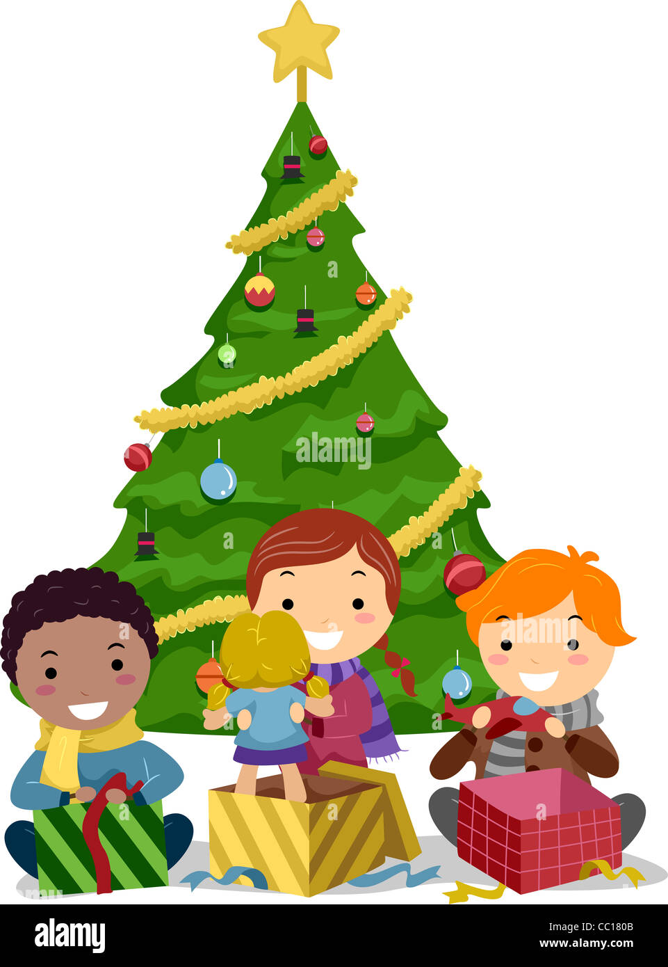 Illustration of Kids Opening Gifts Stock Photo - Alamy