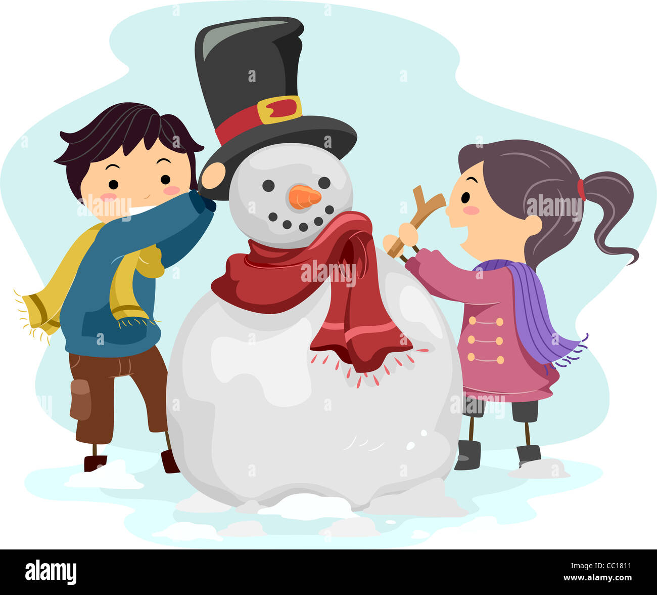 Illustration of Kids Making a Snowman Stock Photo - Alamy