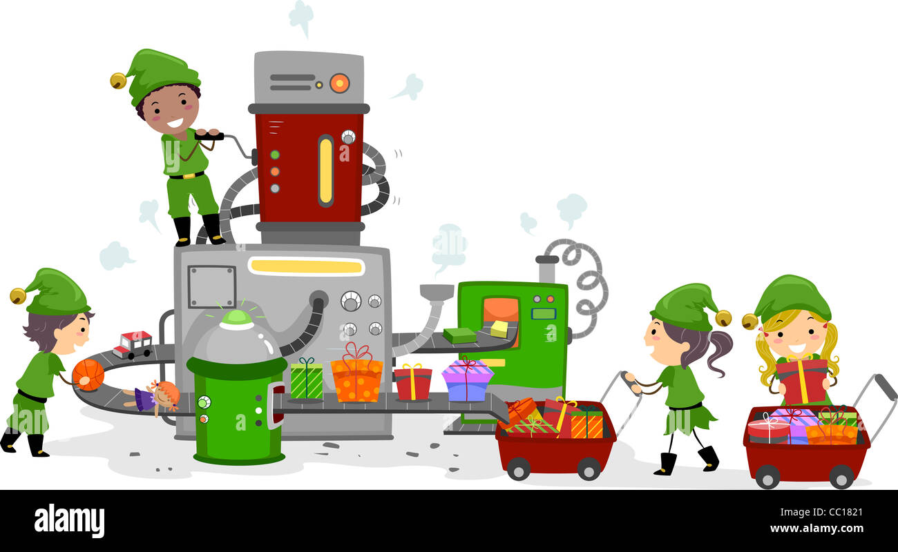 Illustration of Kids Working in a Gift Factory Stock Photo - Alamy