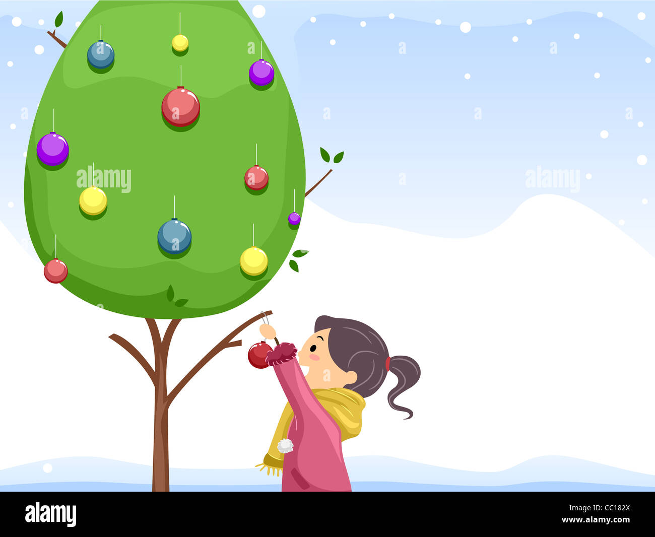 Illustration of a Kid Decorating a Christmas Tree Stock Photo - Alamy