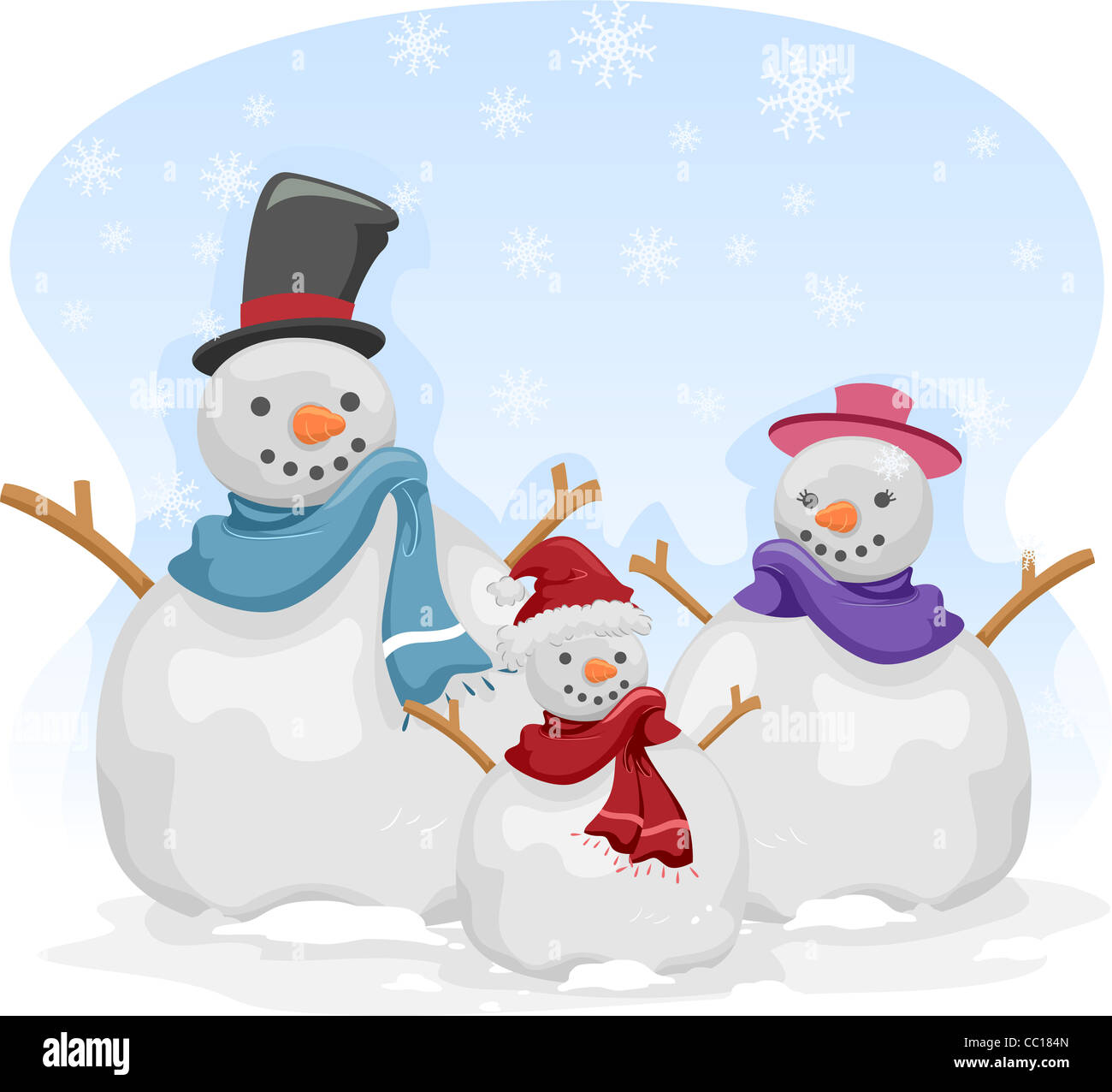 Illustration of a Family of Snowmen Stock Photo - Alamy