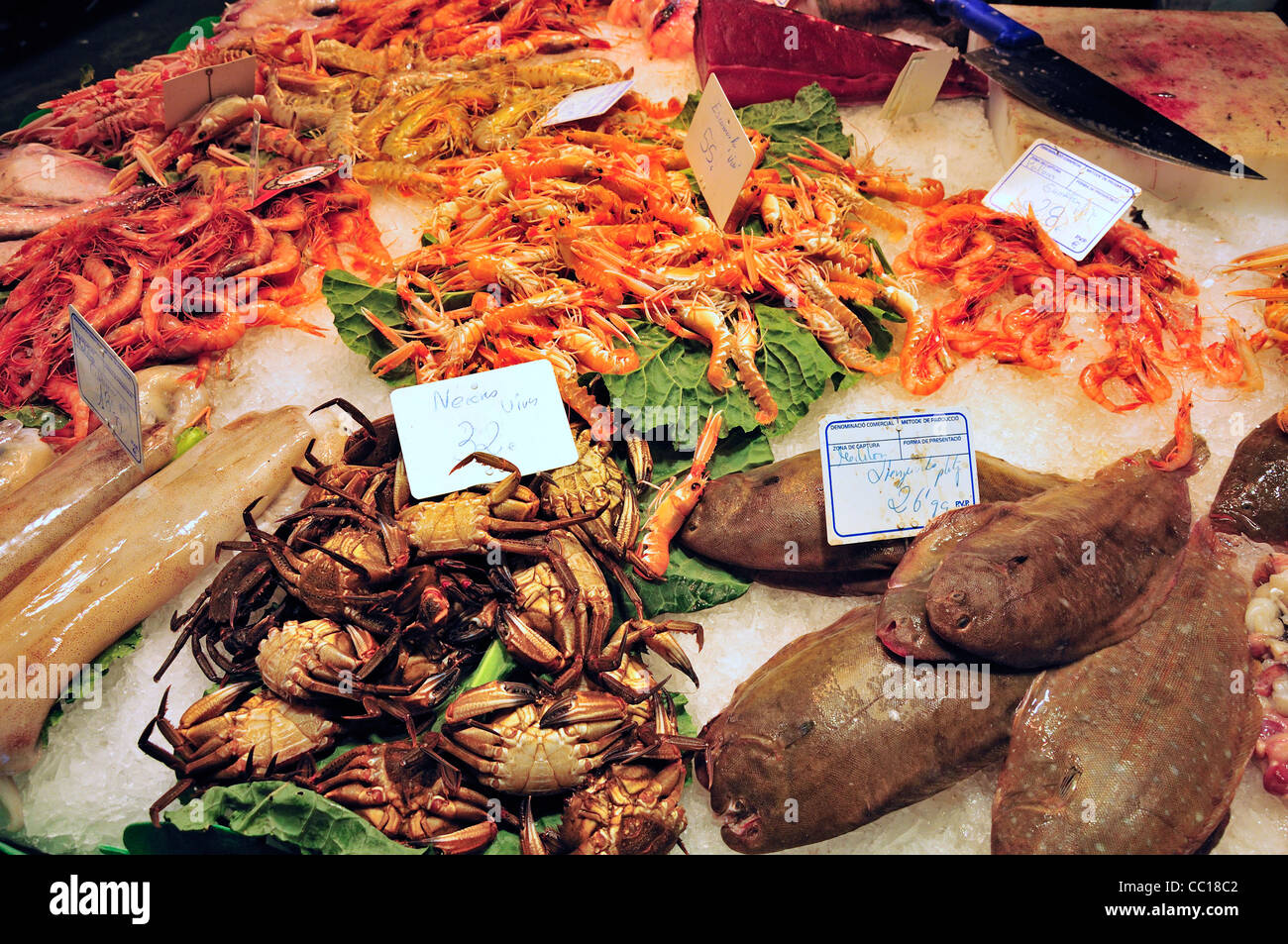 Barcelona, Spain. La Boqueria market. Fish and seafood stall Stock ...