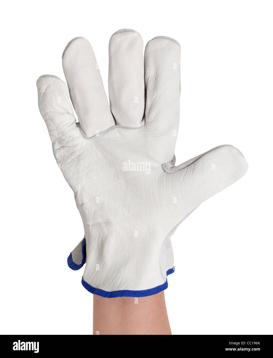 open hand gloved with a light grey working glove.Studio shot in white ...