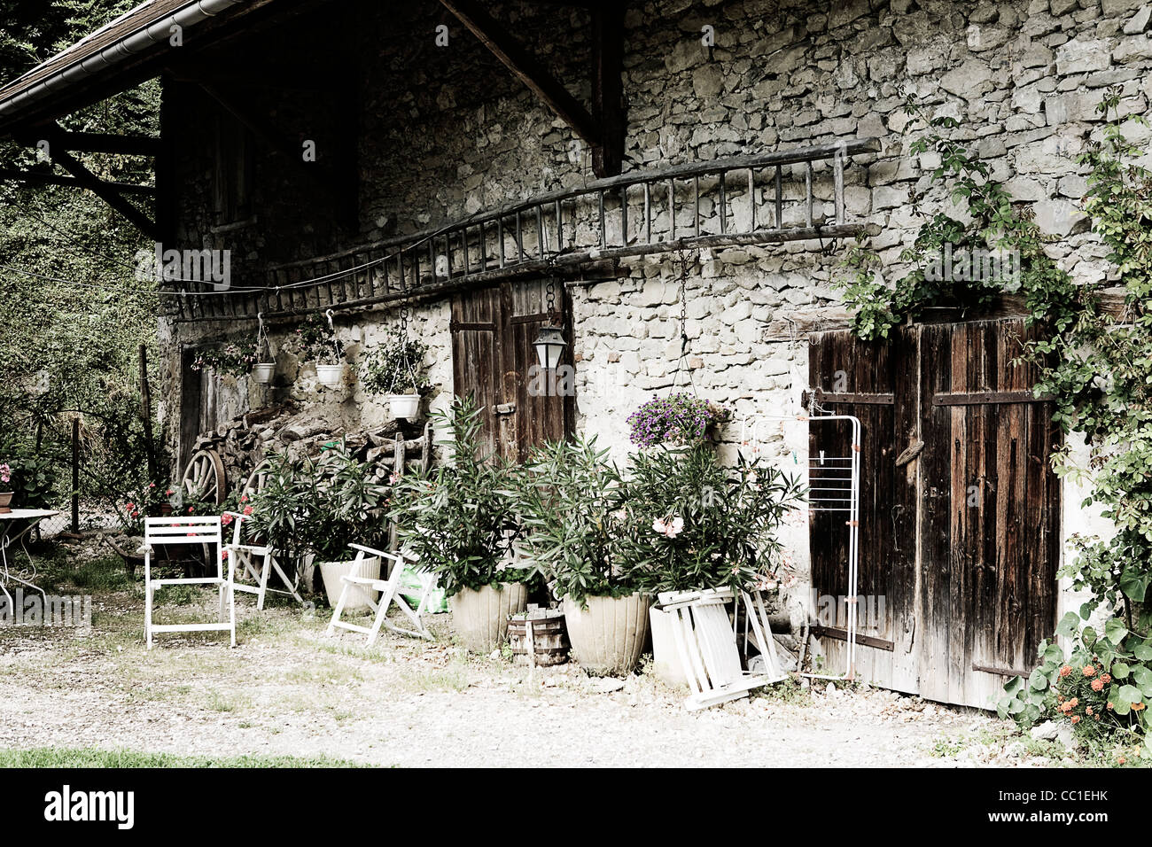 Rustic French farmhouse with ladder on wall Stock Photo - Alamy
