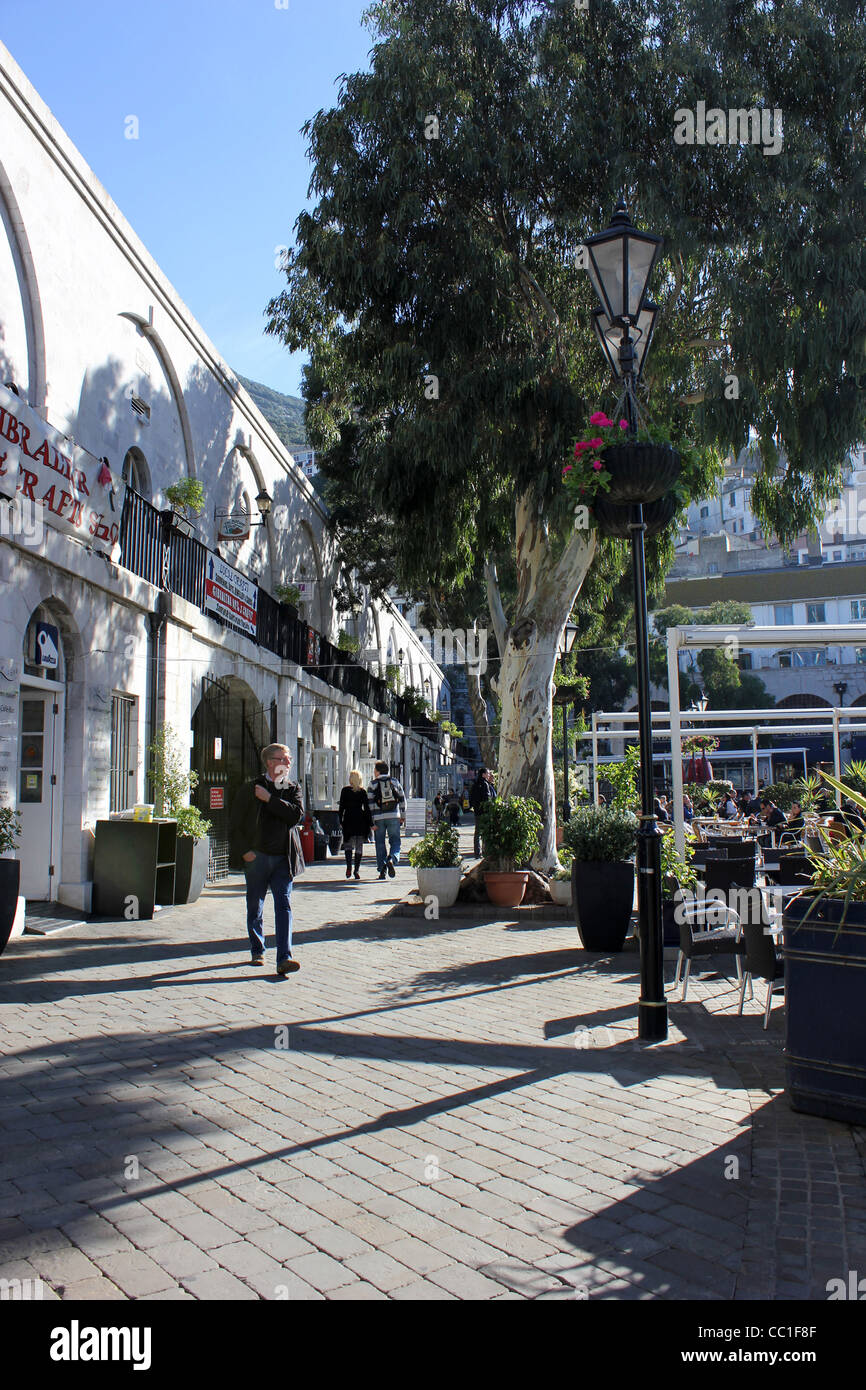 Shops and cafes are an attraction for tourists in downtown Gibraltar ...