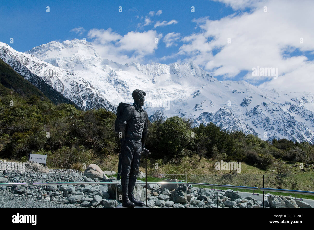 A statue of Sir Edmund Hillary overlooks the Mount Cook National Park ...