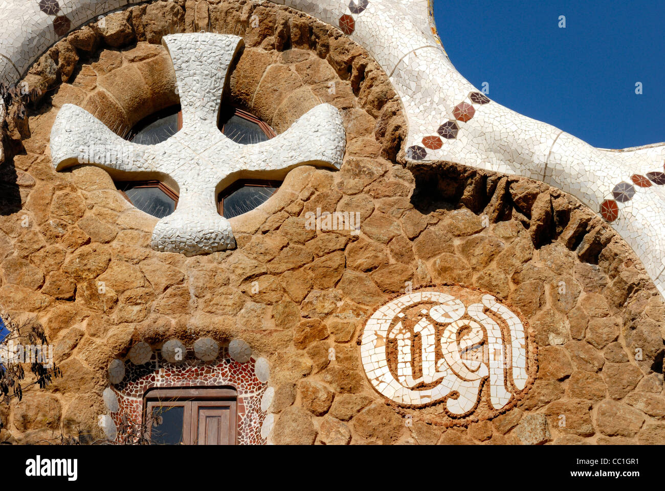 Barcelona, Spain. Park Guell (Antoni Gaudi, 1914) Tiled mosaic word ...