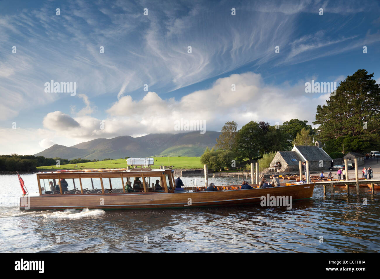 Motor Launch mooring at a jetty at Keswick, Lake Derwent Water, Cumbria ...