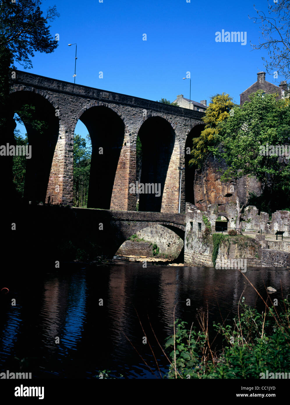 Historic remains of mills and road viaduct at The Torrs New Mills ...