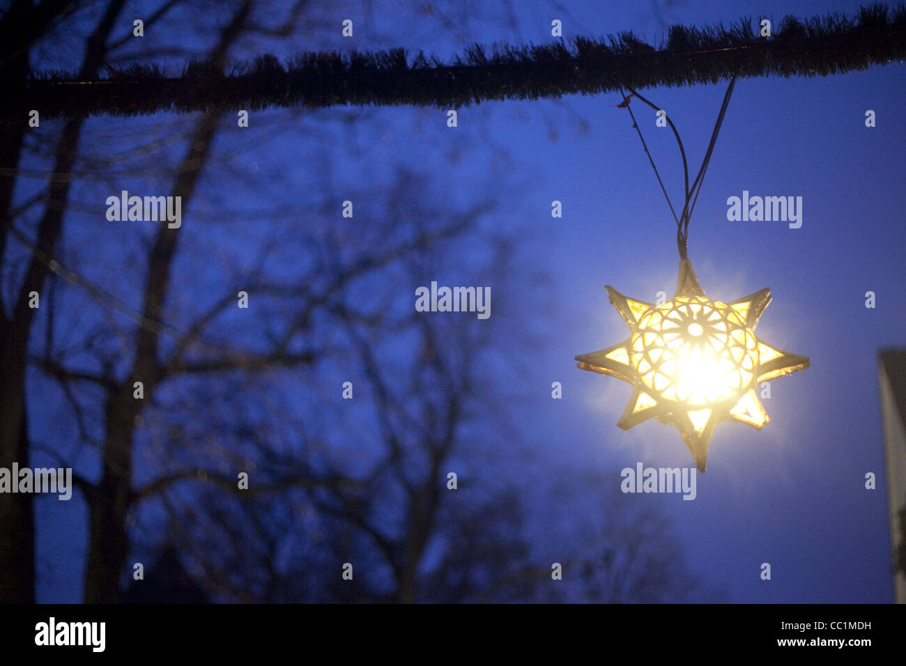 A Christmas light star lit up against a blue sky and tree silhouettes ...