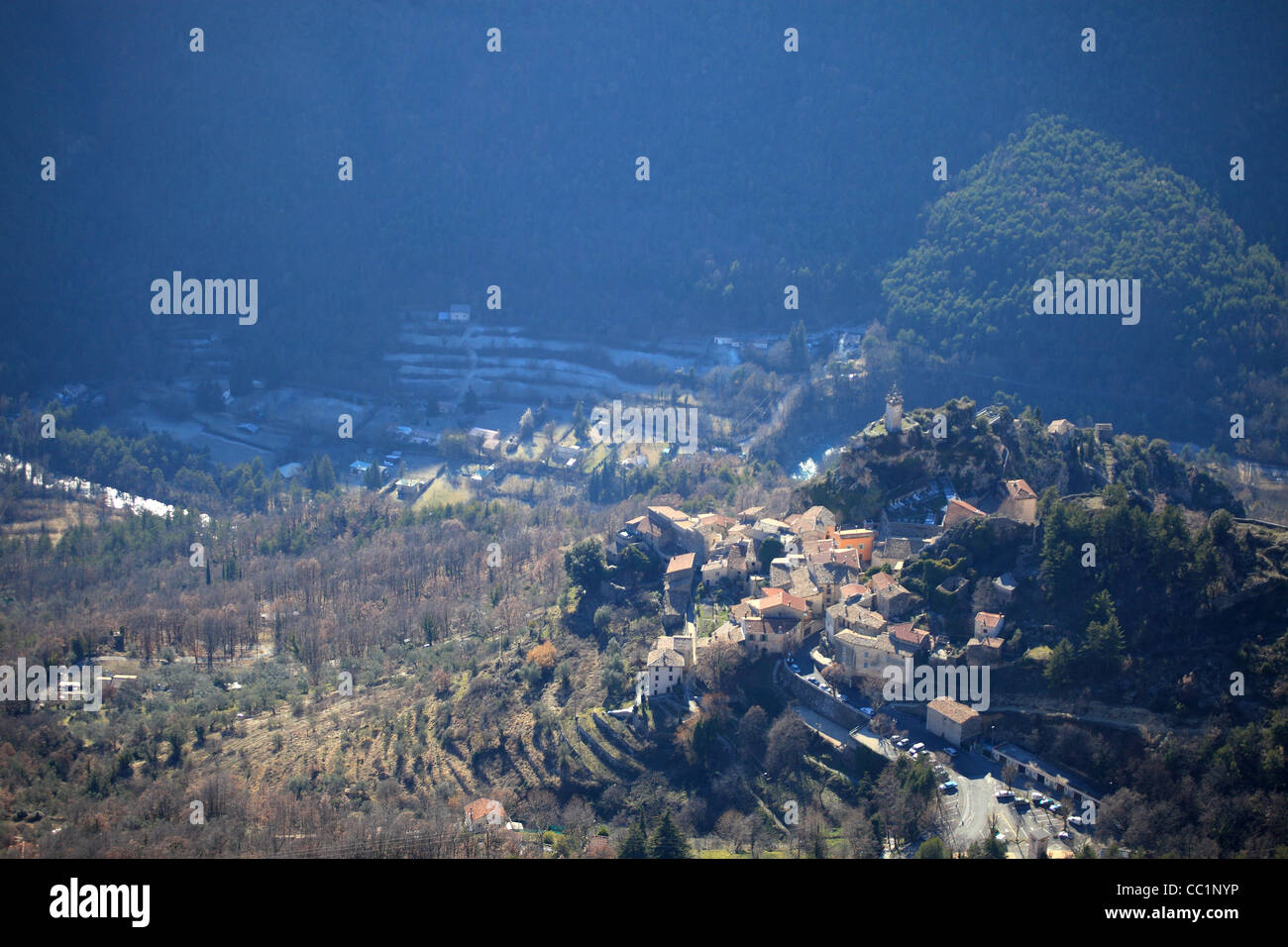 overhead view of the village of Sigale in the back country of the Alpes ...