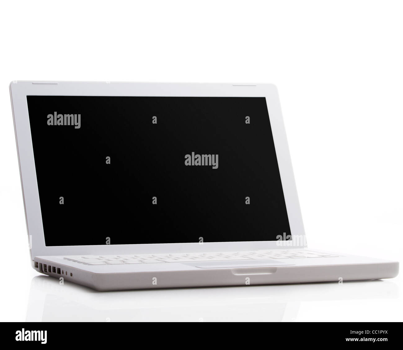 Modern laptop isolated on white with reflections on glass table Stock ...