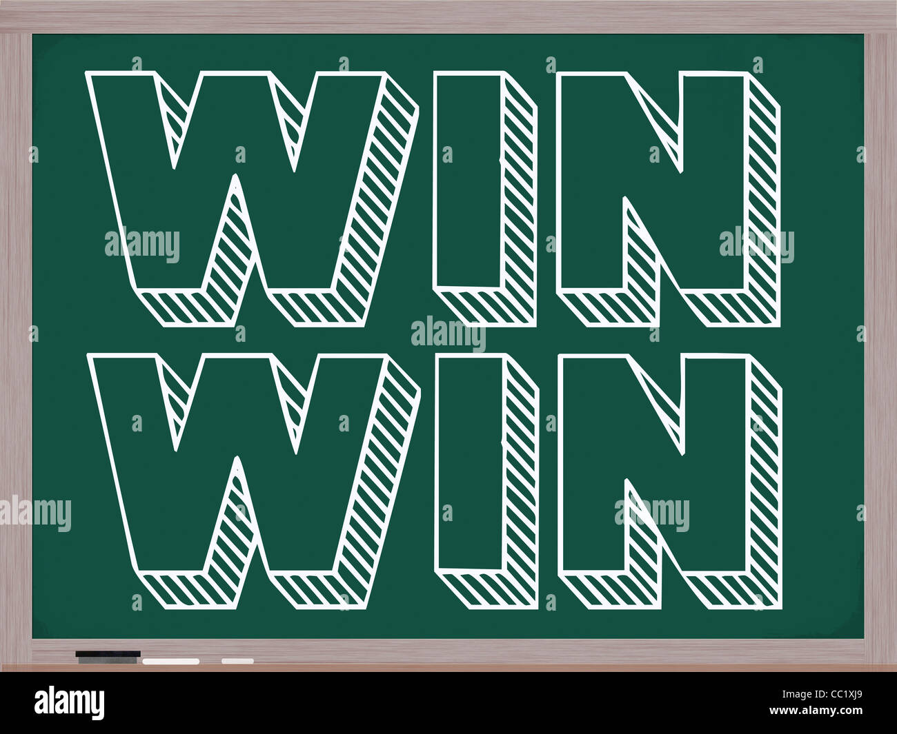 The words WIN WIN written on a blackboard with chalk and an eraser ...