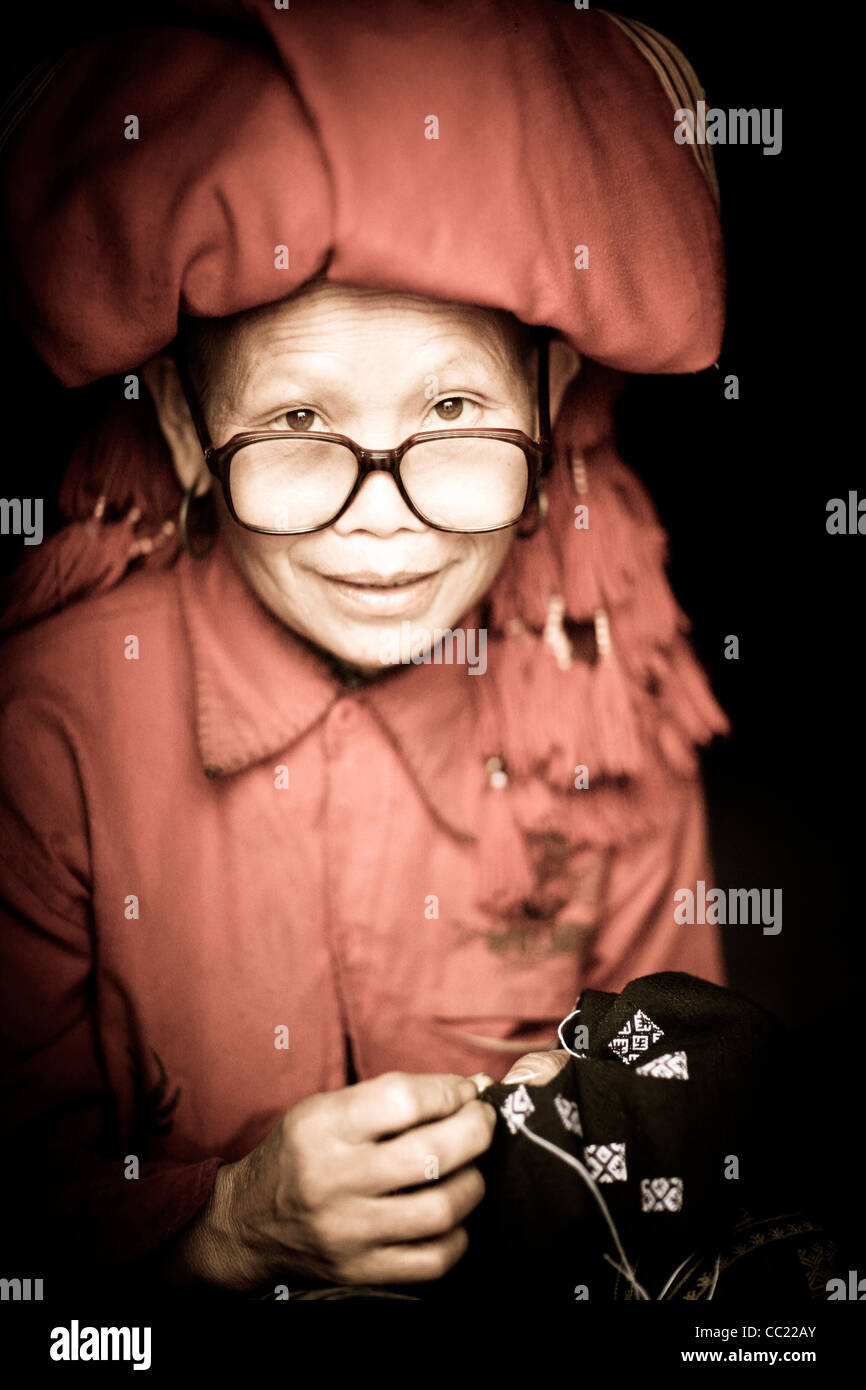 Portrait of a traditional Red Dao Tribeswoman in the village of Thanh ...