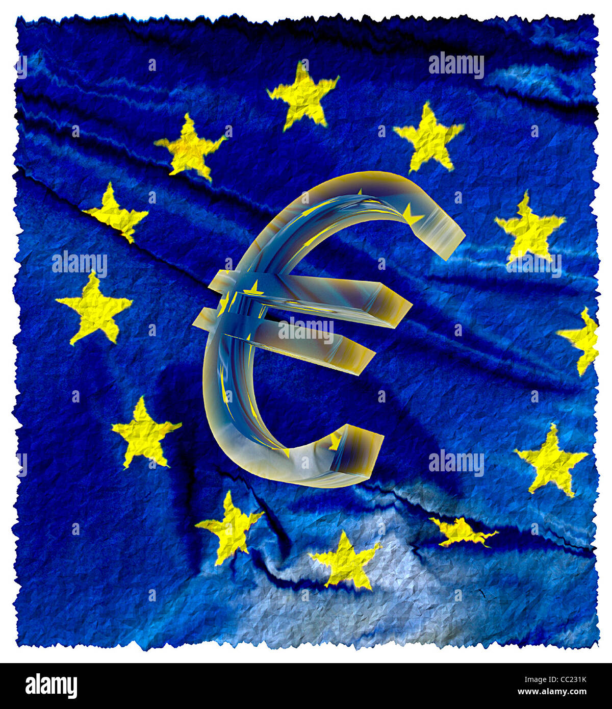 Representation of the euro symbol on a wrinkled European Union flag ...
