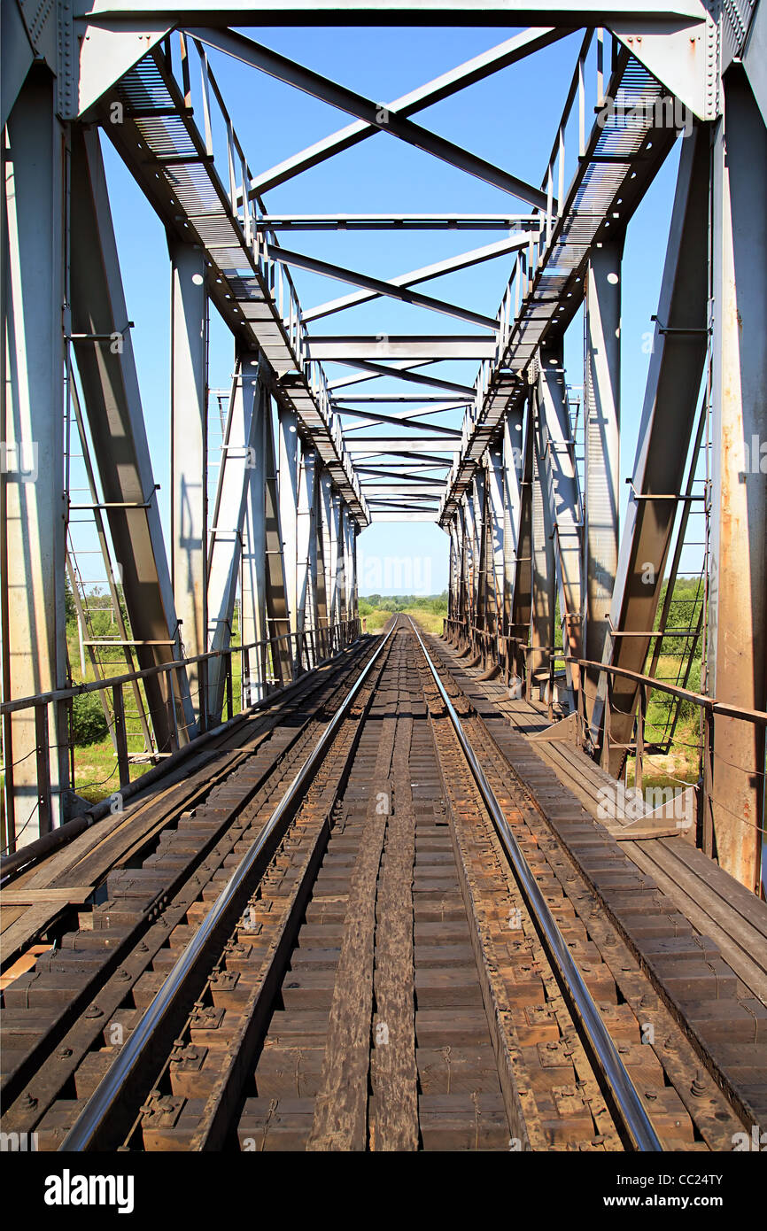 railway bridge through small river Stock Photo - Alamy