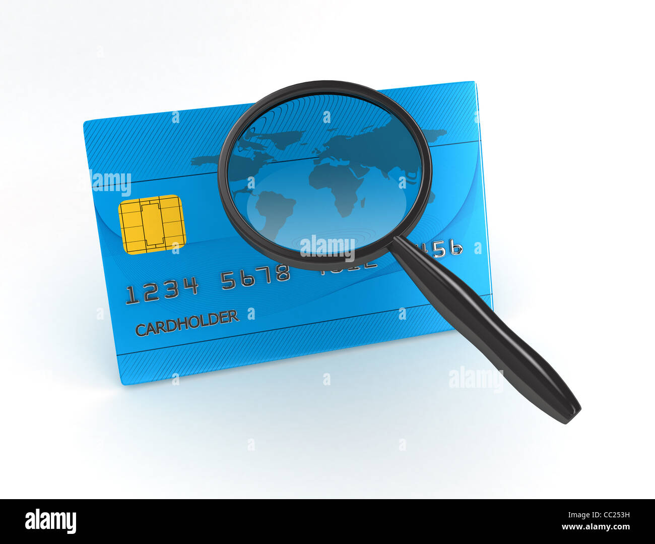 Credit Card with Magnifier over white background. Computer generated ...