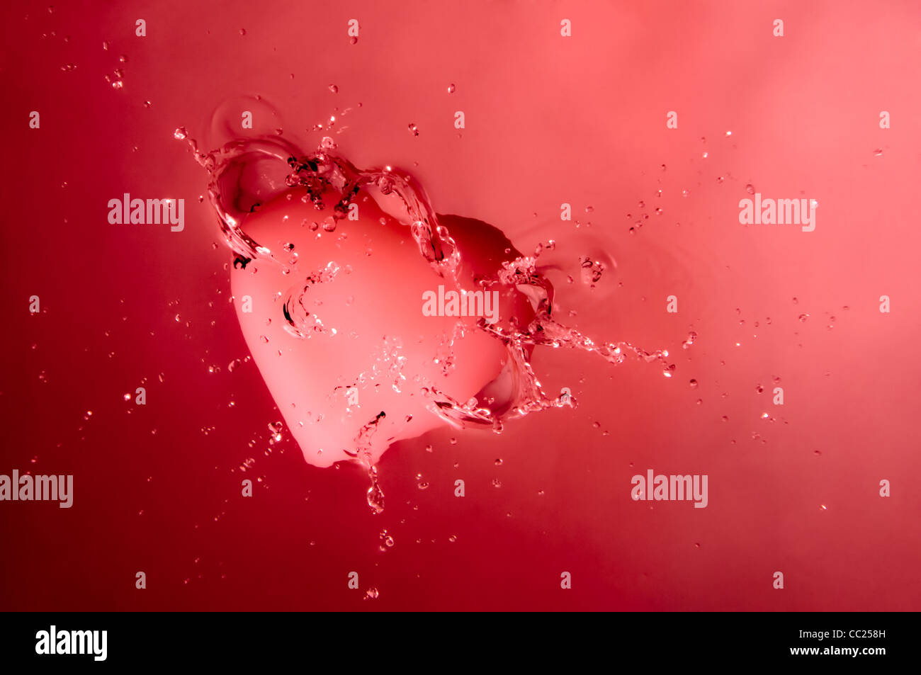 A pink heart splashing onto the surface of water with pink background ...